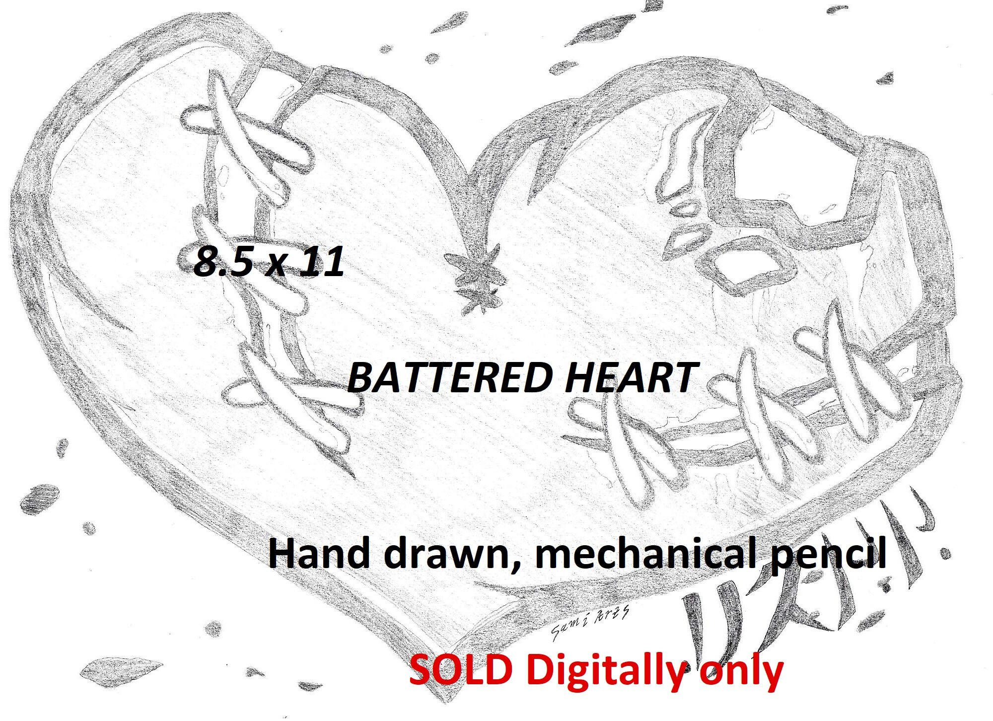 Pencil Drawing, Artwork, Heart, Damaged - Etsy