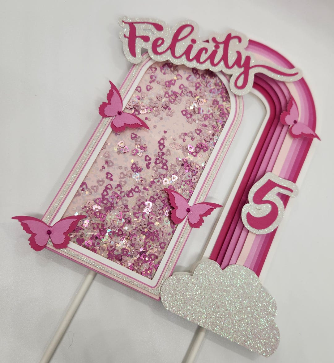 Pink Boho Rainbow Arch Shaker Butterfly Cake Topper Custom Personalized ...
