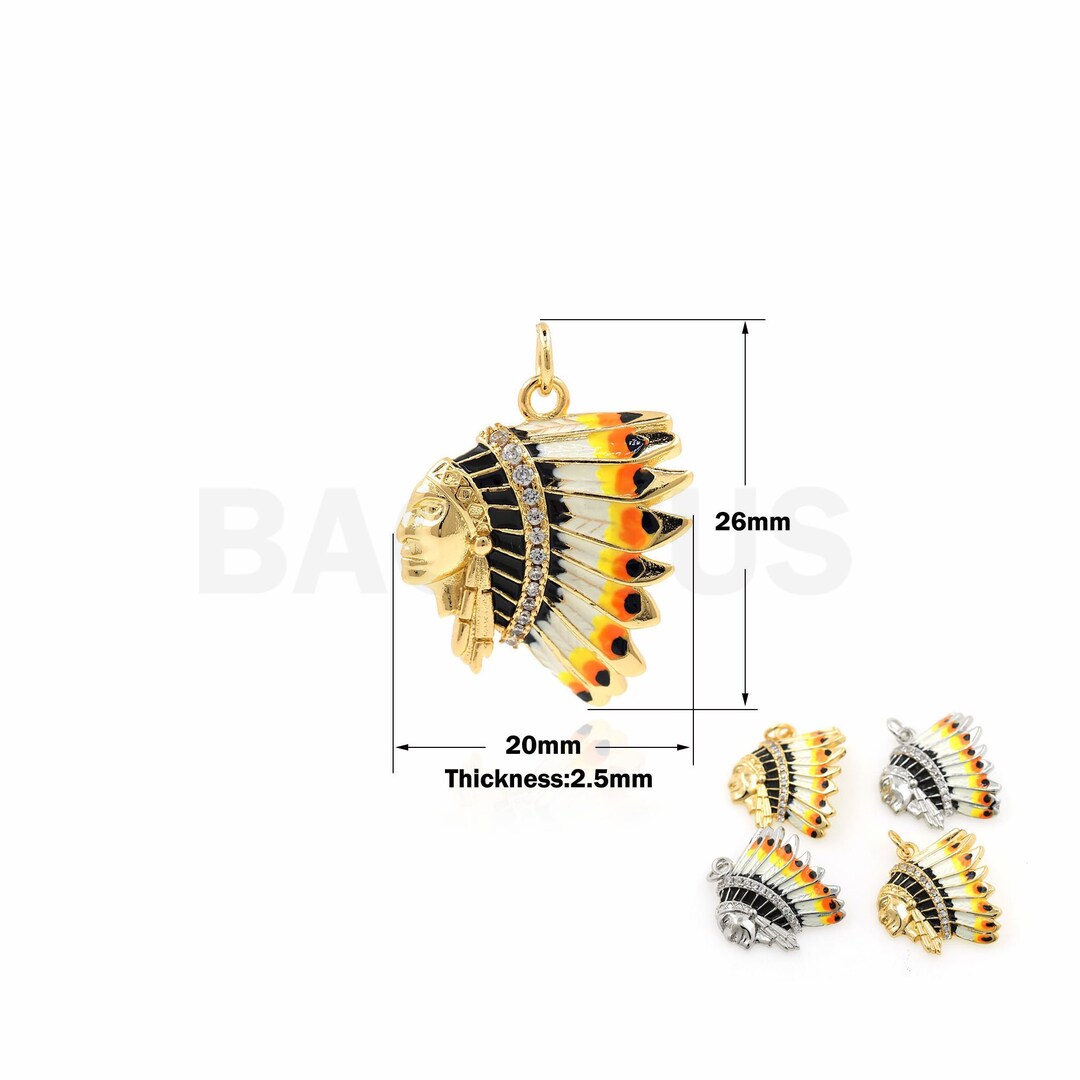Indian Pendant, Chief Charm, 18K Gold Filled Enamel Charm, Micropavé CZ ...