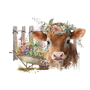 Cow PNG, Wheel Barrow With Flowers for Sublimation, Rustic Farm Clipart ...