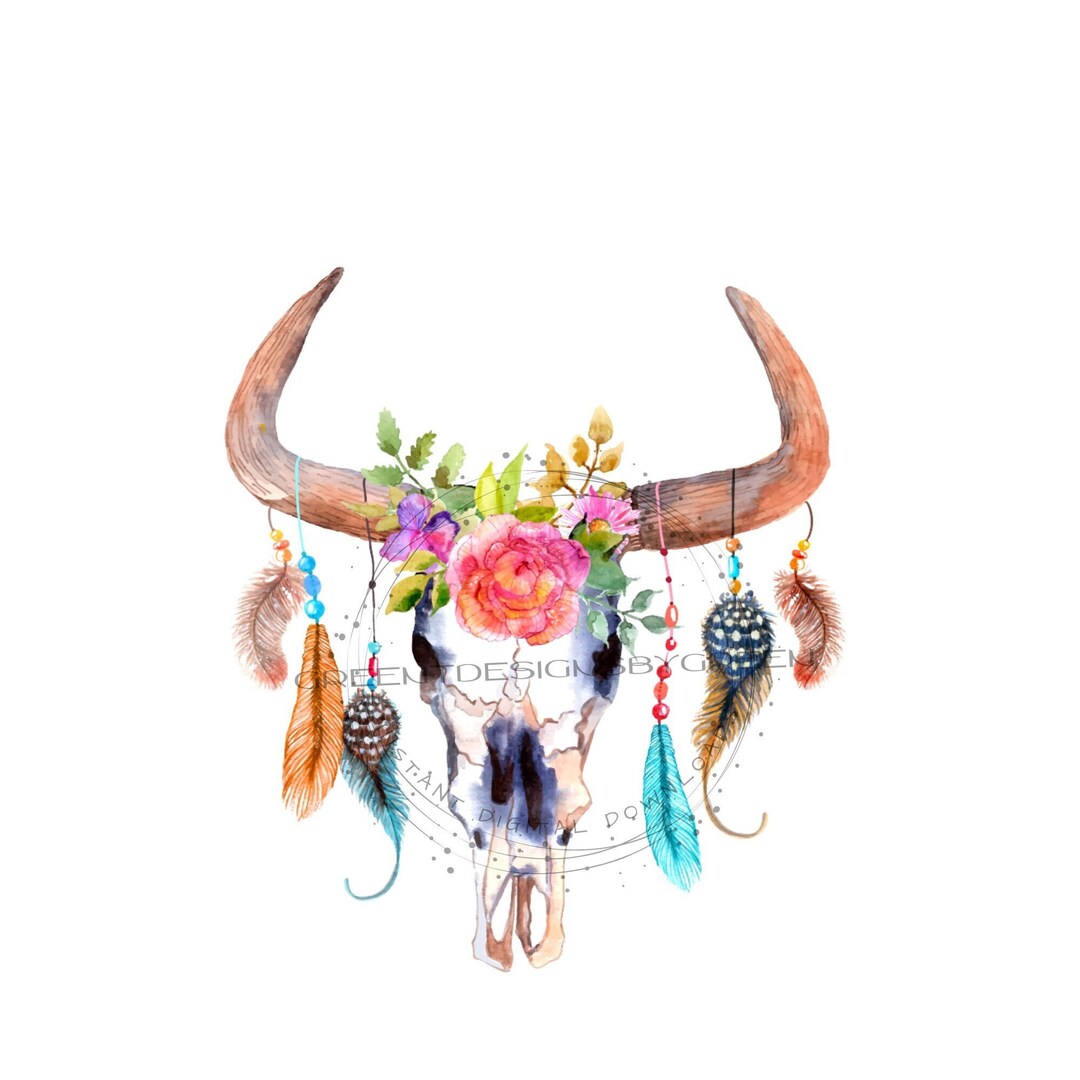 Boho Cow Skull PNG – Floral & Feather Western Design (digital Download ...