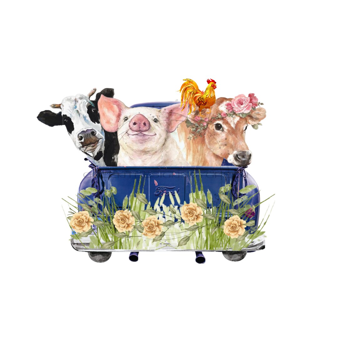 Rustic Farm Animal Sublimation PNG - Vintage Blue Truck With Colorful ...
