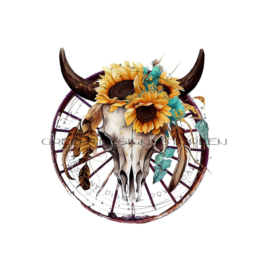 Cow Skull, Sunflowers & Wagon Wheel Western PNG, Western Cow Face PNG ...