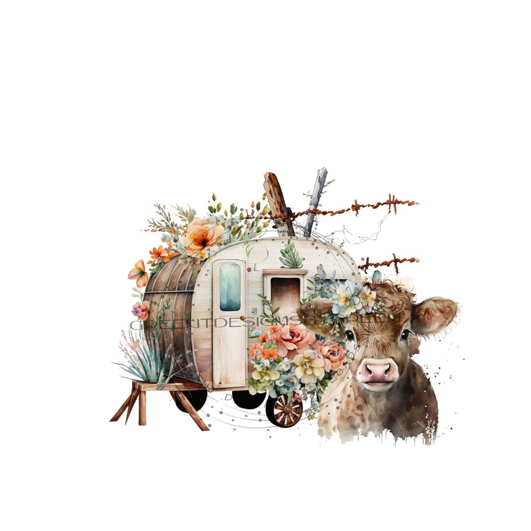 Camping PNG, Spotted Brown & White Cow PNG, Vintage Camper Graphic ...