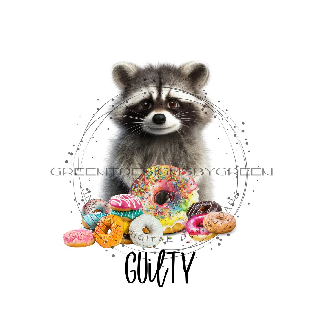 Whimsical Raccoon & Donuts Clipart 'guilty' Sublimation PNG Instant ...