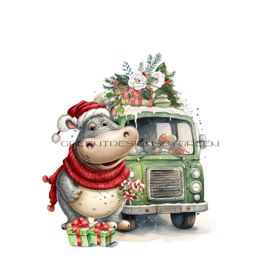 Holiday Hippo With Vintage Van Sublimation PNG - Christmas Presents ...