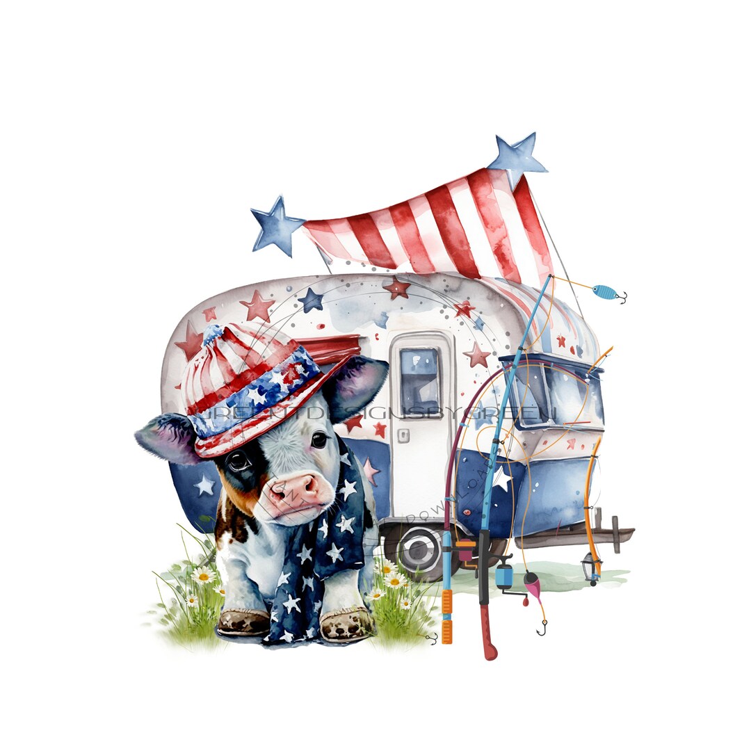 Patriotic Cow & Camper Sublimation PNG - Red White and Blue Clipart ...