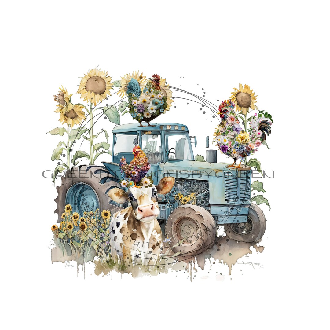 Boho Farm Clipart Cow, Chickens, Tractor, Sunflowers Sublimation Design ...