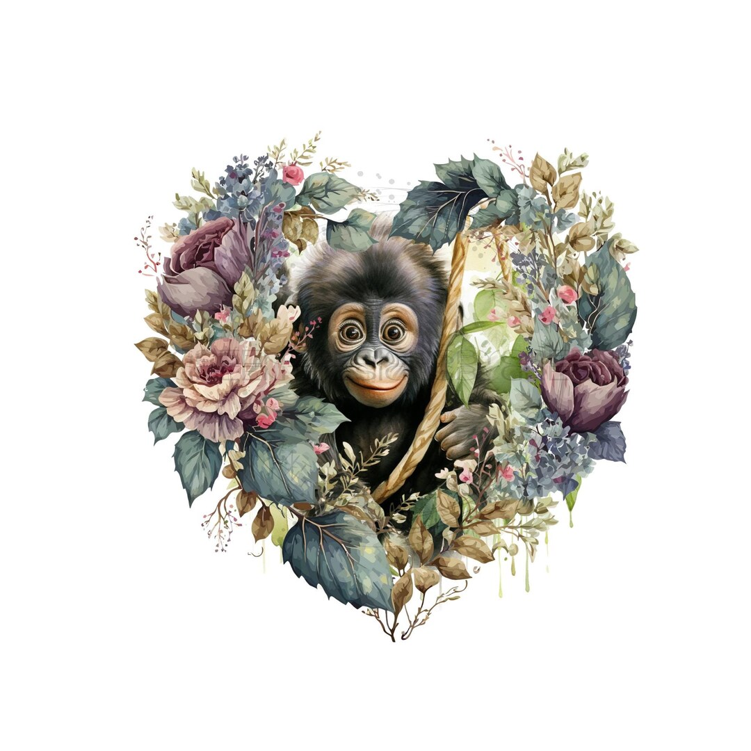 Monkey PNG Image, Heart of Flowers Surrounding Black Chimp PNG, Monkey ...