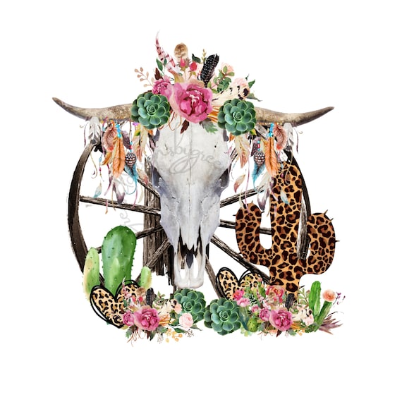 Western Cactus PNG With Rustic Cow Skull Watercolor Flowers - Etsy