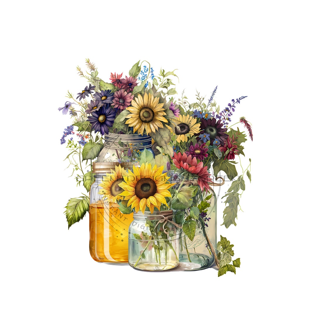 Sunflower Mason Jar Clipart, Floral PNG Digital Download - Etsy