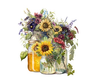 Sunflower Bouquet in Mason Jar PNG: Rustic Floral Clip-art (digital ...