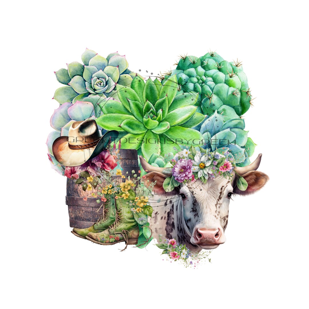 Western Cow PNG, Green Cactus Background, Cowboy Boot and Hat Graphic ...