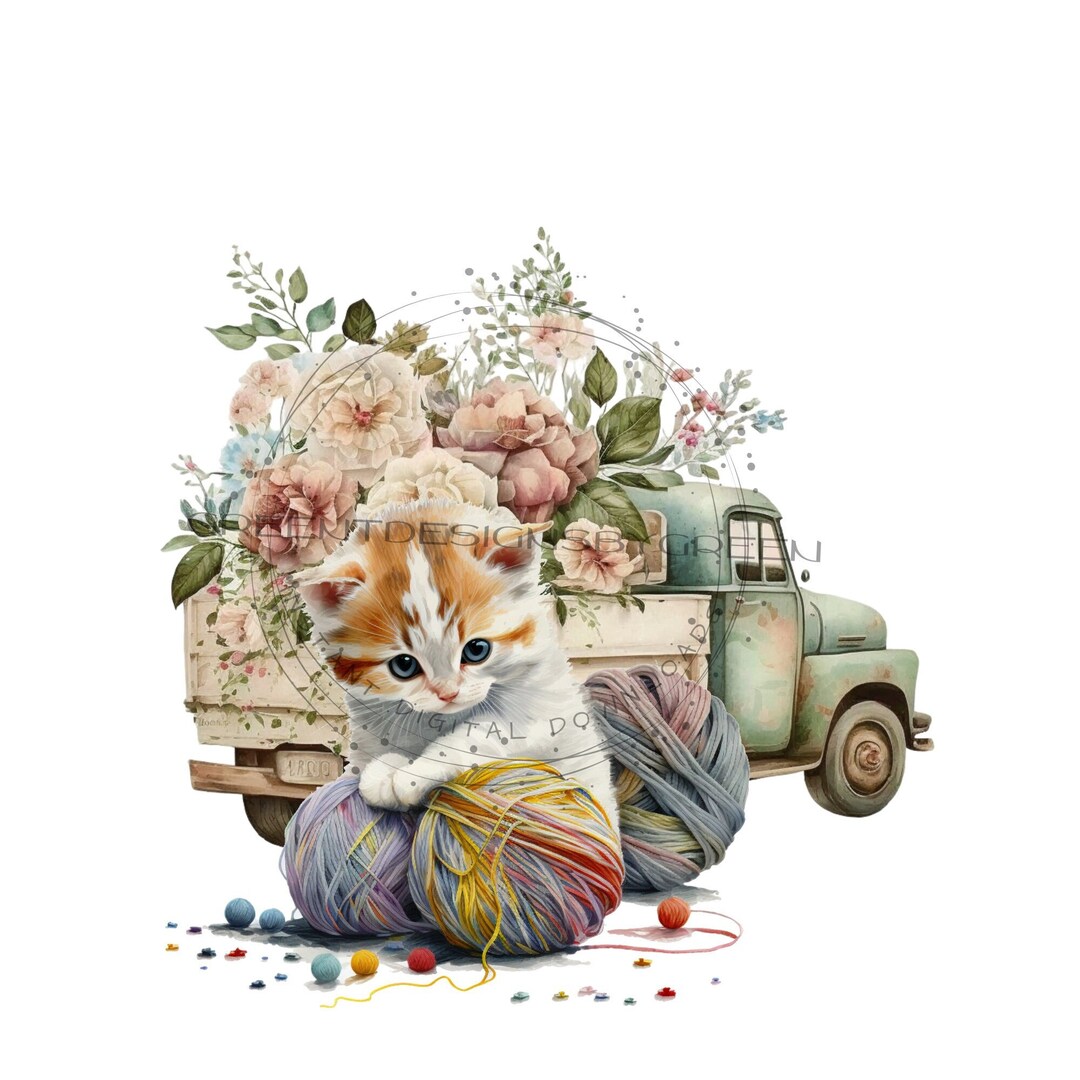 Boho Kitten & Yarn Clipart Vintage Truck Floral Accents Cat Lover ...