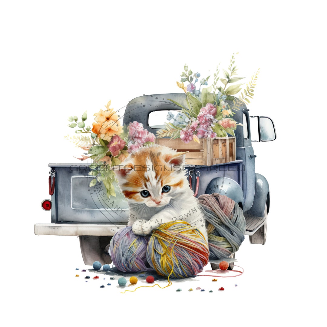 Boho Kitten & Yarn Clipart - Vintage Truck - Floral Accents - Cat Lover ...