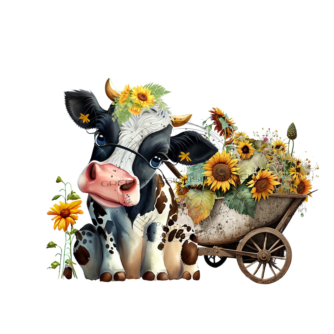 Cow PNG, Wheel Barrow and Sunflower Sublimation, Cow Digital Download ...