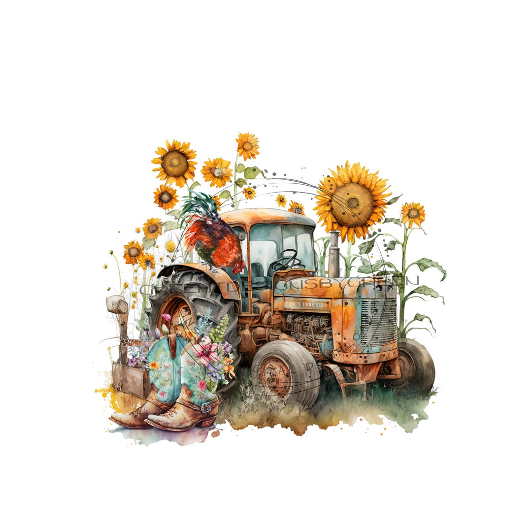 Tractor PNG, Vintage Farm Tractor Surrounded by Wild Flowers, Cowboy ...