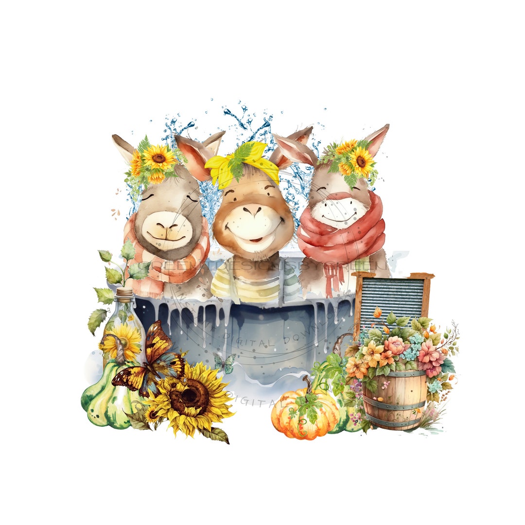 Happy Fall Donkeys Clipart - Flowers, Pumpkins, Wash Tub, Wash Board ...
