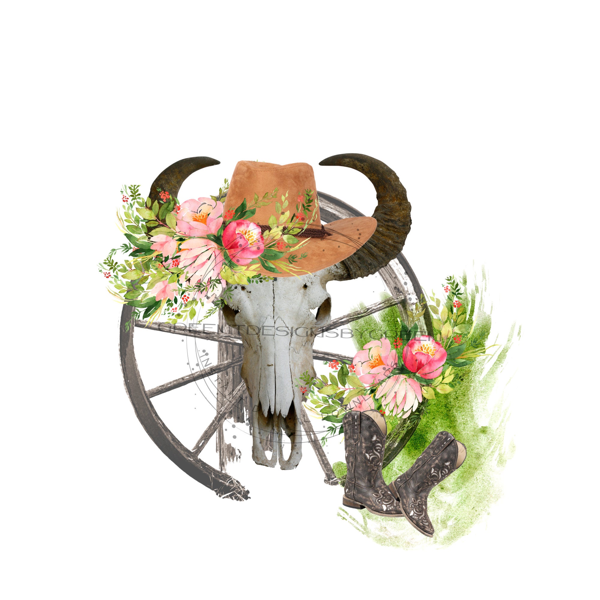 Western Cactus PNG With Rustic Cow Skull Pink Watercolor - Etsy