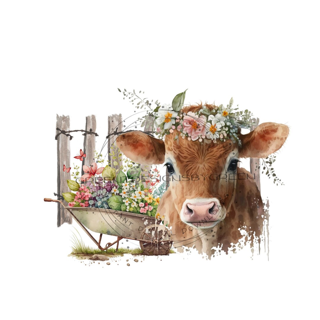 Cow PNG, Wheel Barrow With Flowers for Sublimation, Rustic Farm Clipart ...
