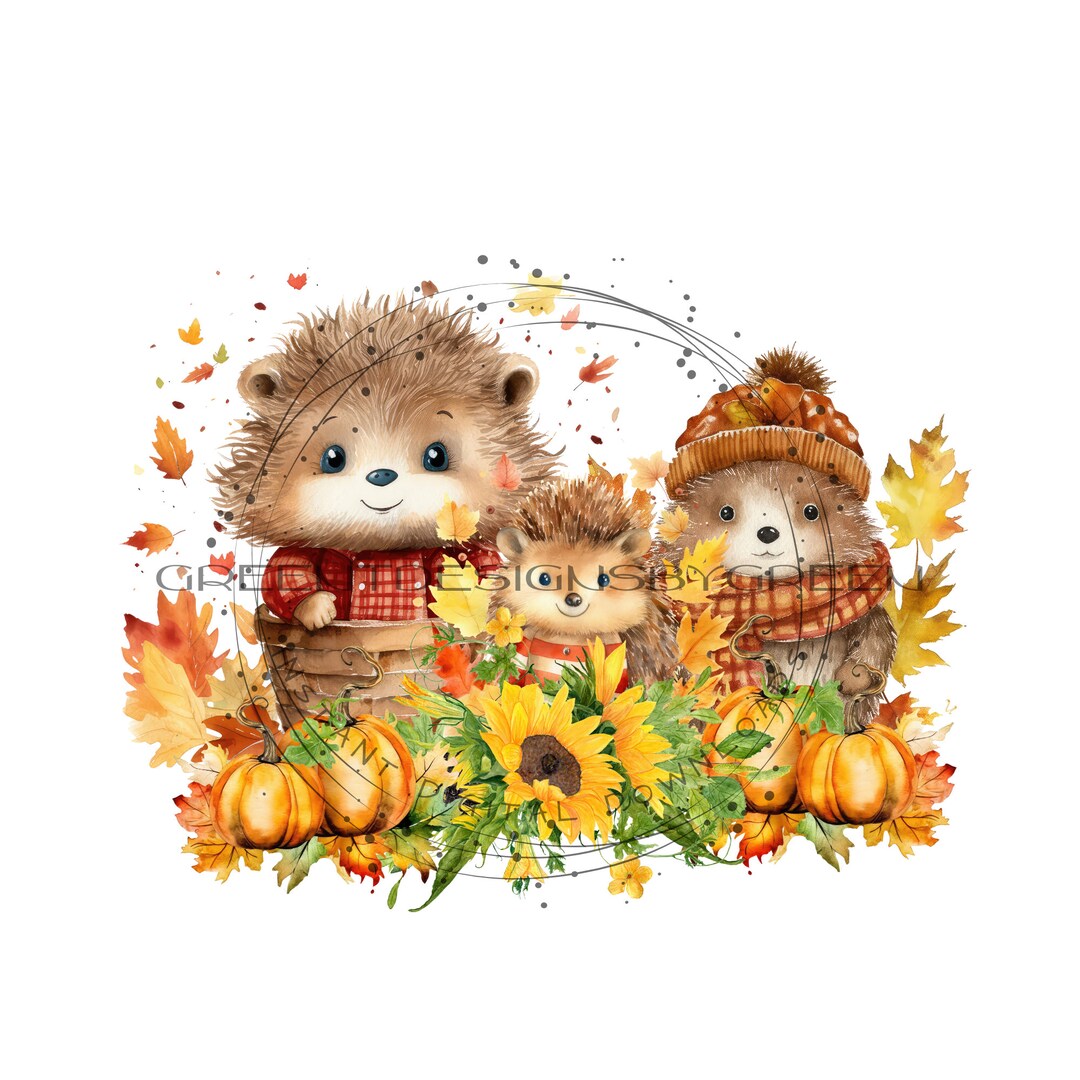 Cute Fall Hedgehogs Clipart - Fall Leaves, Autumn Breeze, Sunflowers ...
