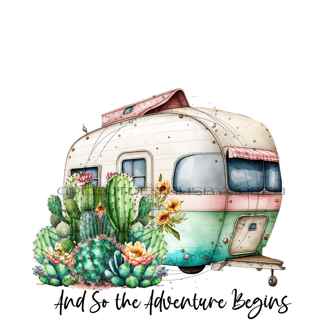 Vintage Camper Clipart - 'and so the Adventure Begins' - Western Desert ...
