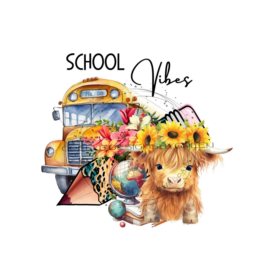 Back to School PNG School Bus and Cute Highland Cow Clipart Image PNG ...