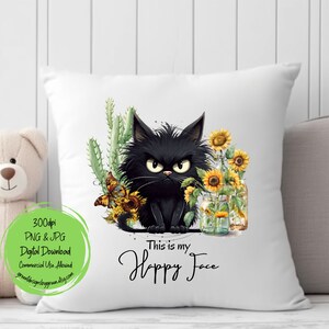 Angry Cat PNG Sublimation-grouchy Black Cat Clipart-image Enhanced With Sunflowers & Butterflies ...