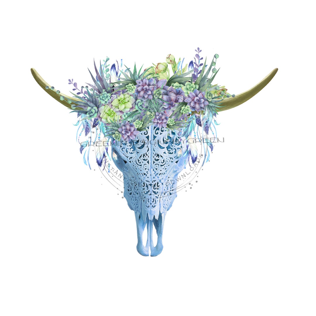 Boho Rustic Cow Skull With Purple & Green Succulents Clipart - Feather ...