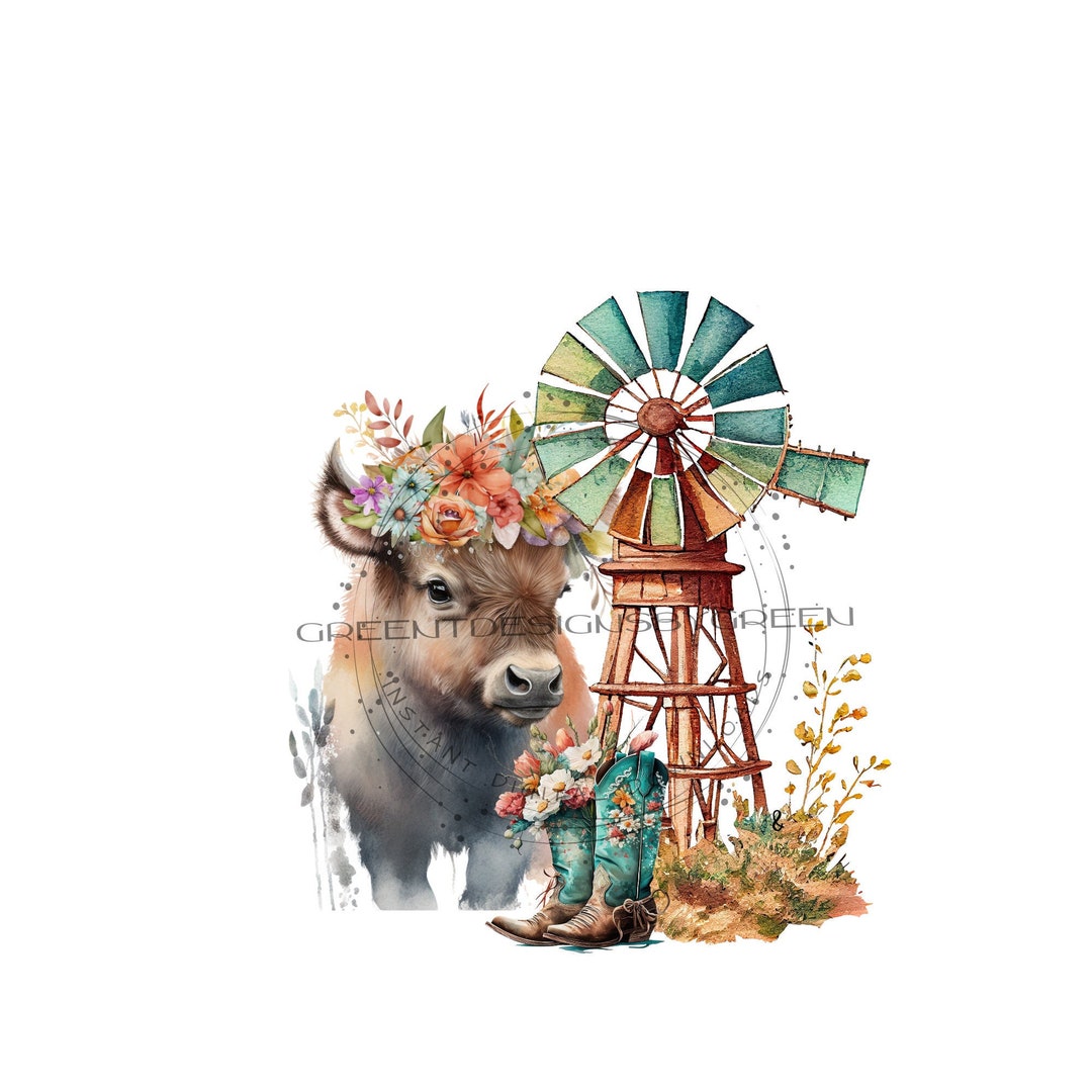 Highland Longhaired Cow PNG, Windmill Sublimation, Western Cow Graphic ...