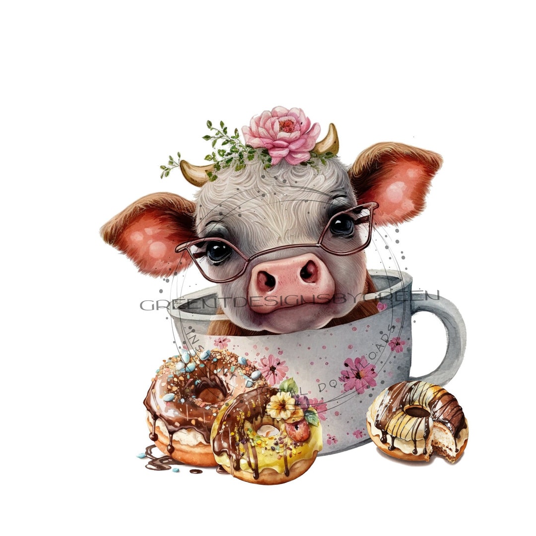 Highland Longhaired Cow PNG, Cow in Coffee Cup With Donuts, Funny Cow ...