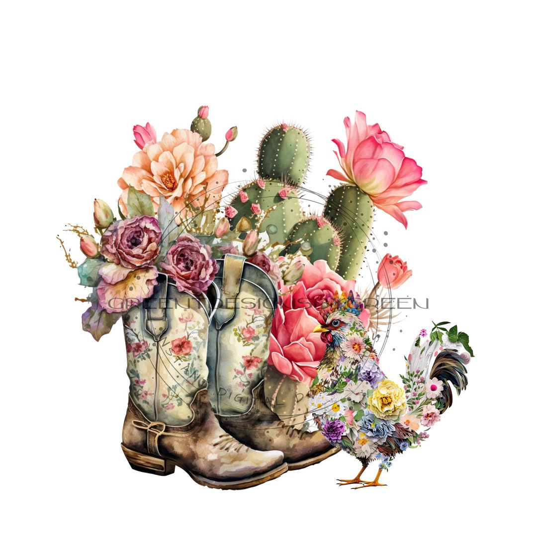 Cow Skull, Cactus & Cowboy Boot Western PNG, Western Cactus PNG ...