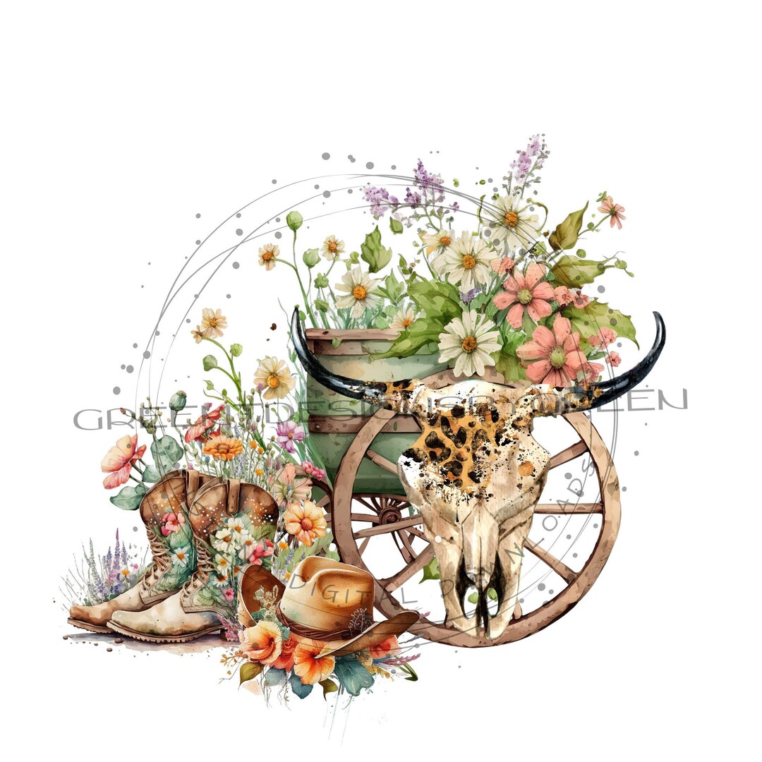 Western Cow Skull PNG, Wildflower Sublimation, Cowboy Boot Clipart ...