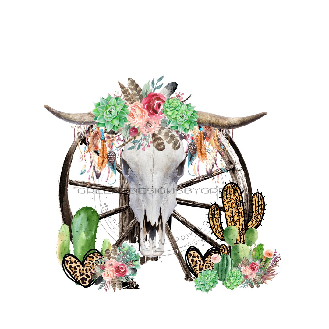 Rustic Cow Skull Sublimation PNG - Floral & Succulent Accents - Leopard ...