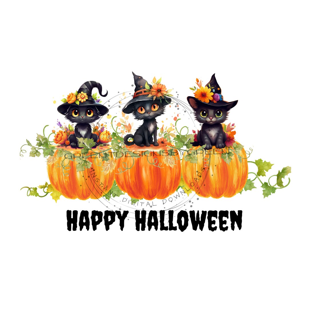 Pumpkins & Cute Black Cats Clipart 'happy Halloween' Fall Sublimation ...