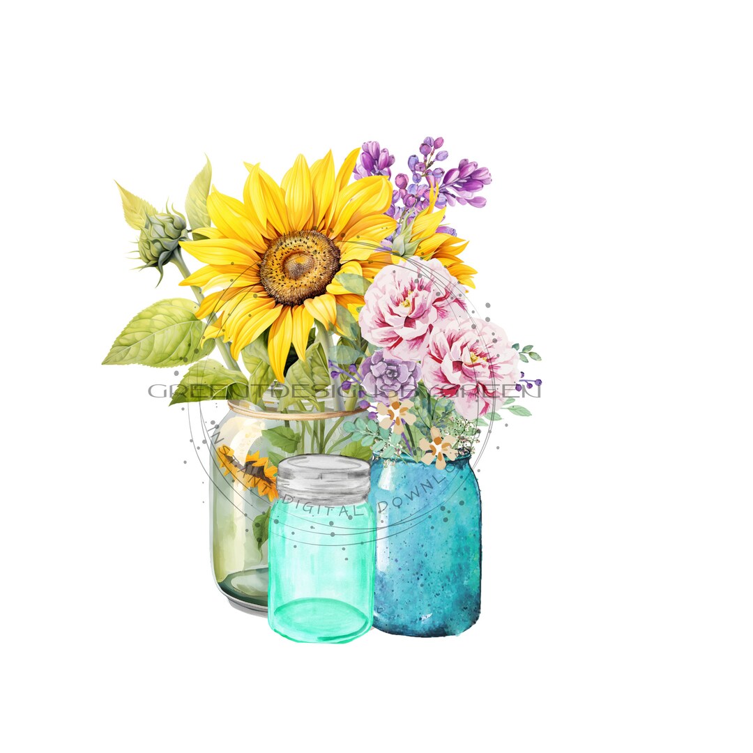 Mason Jar PNG Digital Download, Sunflower Mason Jar Clipart, Canning ...