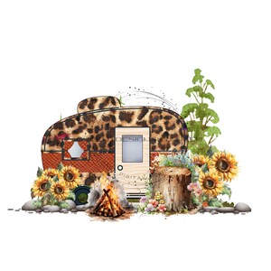 Leopard Print Camper Sublimation PNG - Sunflowers, Campfire, Camping ...