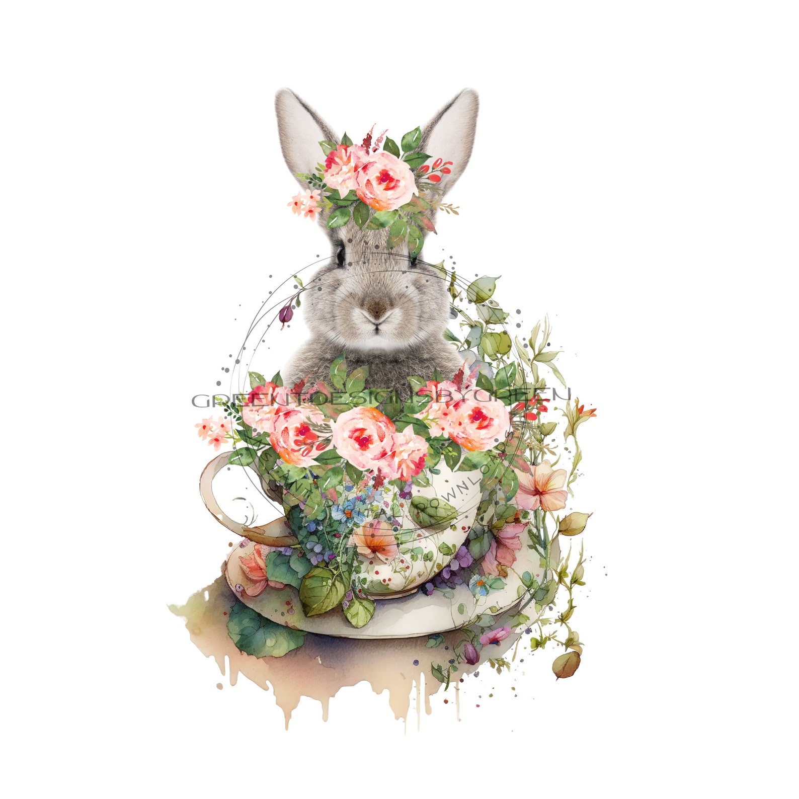 Bunny Rabbit PNG Rabbit in Tea Cup Surrounded by Wild - Etsy