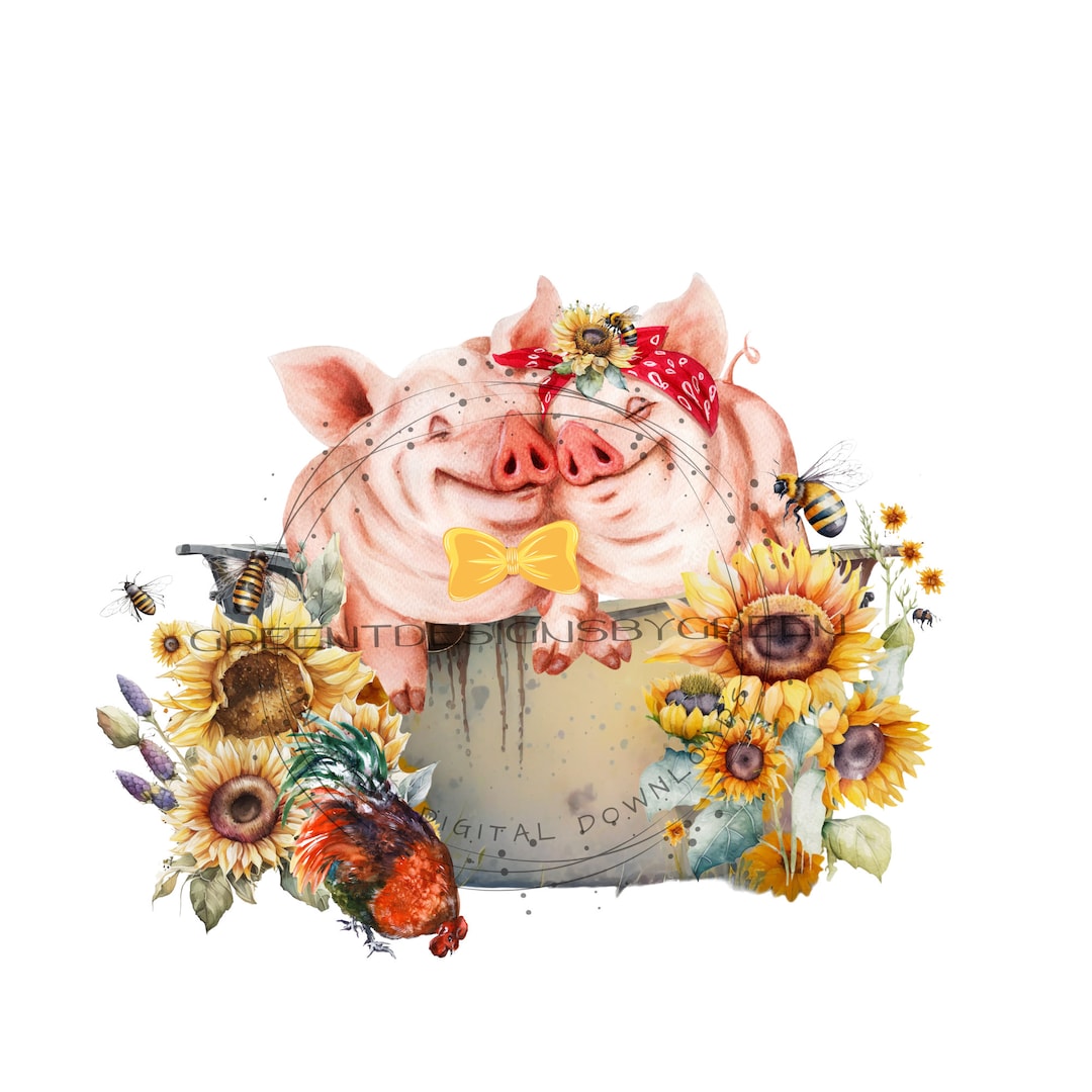 Pig in Metal Wash Tub, Sunflower Sublimation, Pigs in Love PNG, Kissing ...