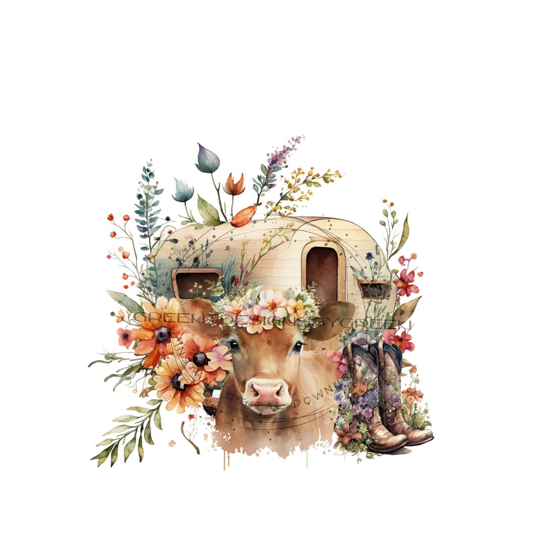 Camping PNG, Spotted Brown & White Cow PNG, Vintage Camper Graphic ...