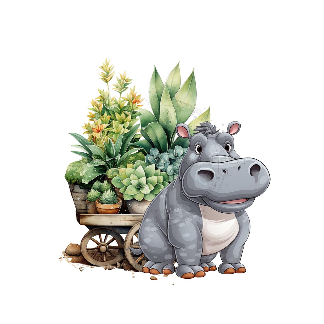 Hippo and Wooden Cart With Cactus, Wheelbarrow With Succulent PNG for ...