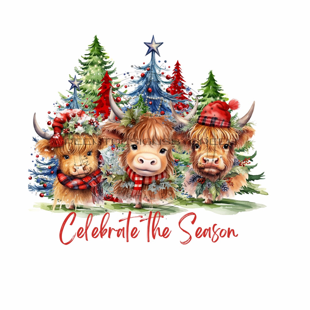 Western Christmas Calves PNG – Highland Cow Santa Hats, Tree Clipart ...