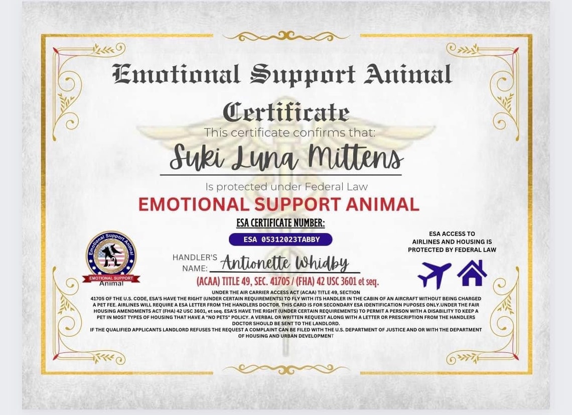Emotional Support Animal Certificate Personalize With Your Pet's and ...
