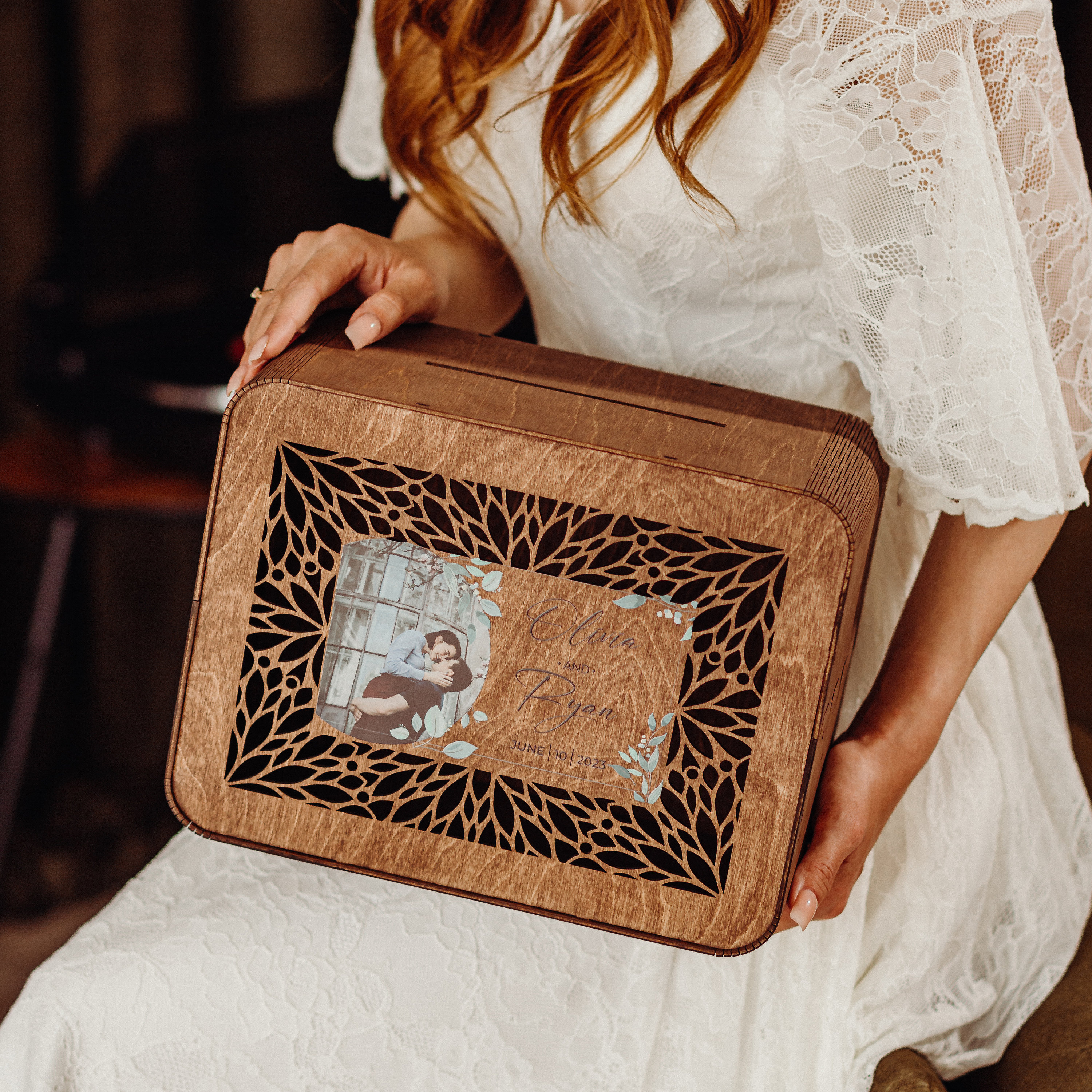 Rustic Wedding Card Box With Photo: Personalized Wooden Money Box ...