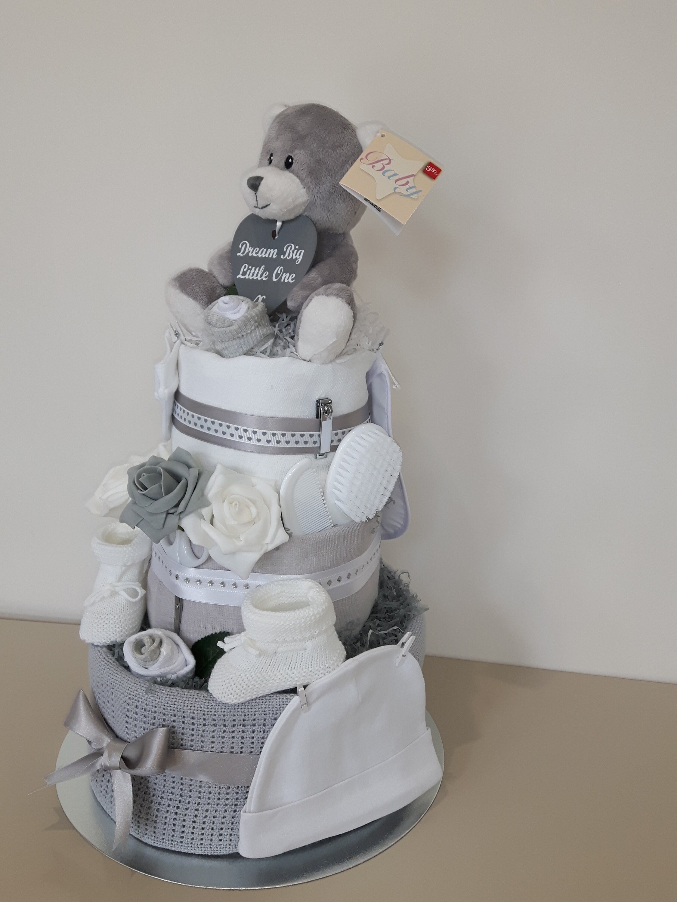 Nappy Cake Unisex. Grey and White Teddy Nappy Hamper. New Baby - Etsy UK
