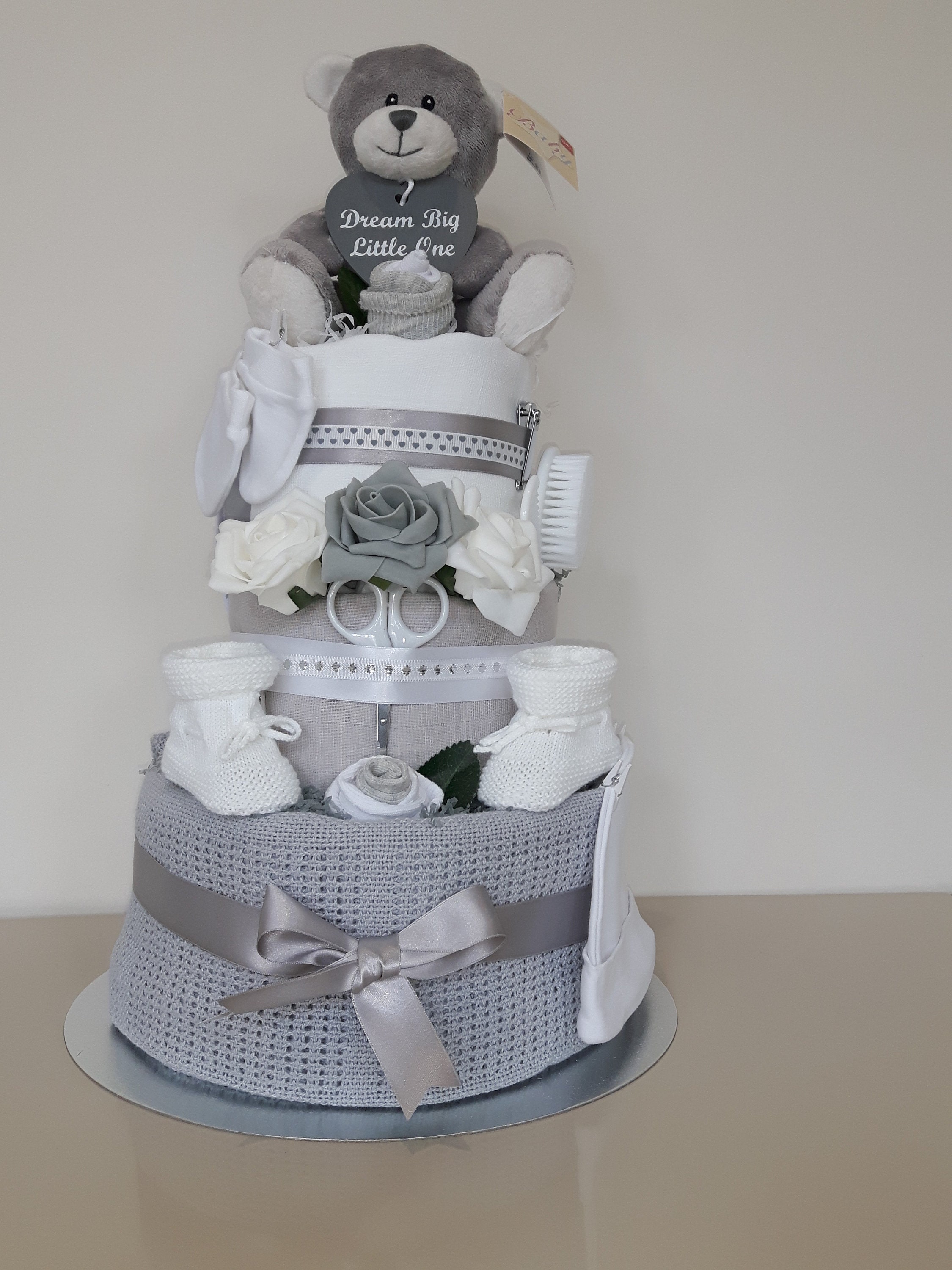 Nappy Cake Unisex. Grey and White Teddy Nappy Hamper. New Baby - Etsy UK