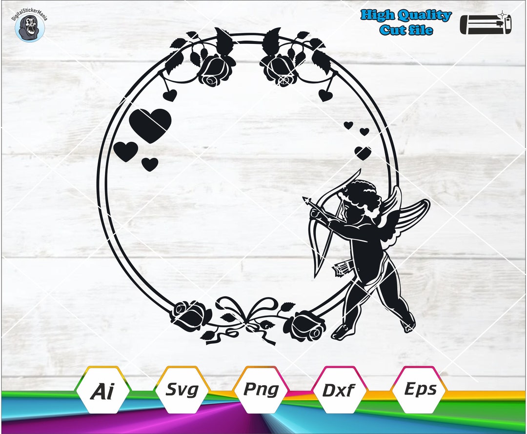 Cupid With Bow Svg, Cupid Hunting Frame, Cupid With Roses and Heart ...