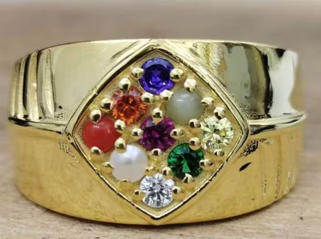 Natural Navaratna 9 Stone Ring, Gold Plated , Handmade Ring for Men and ...