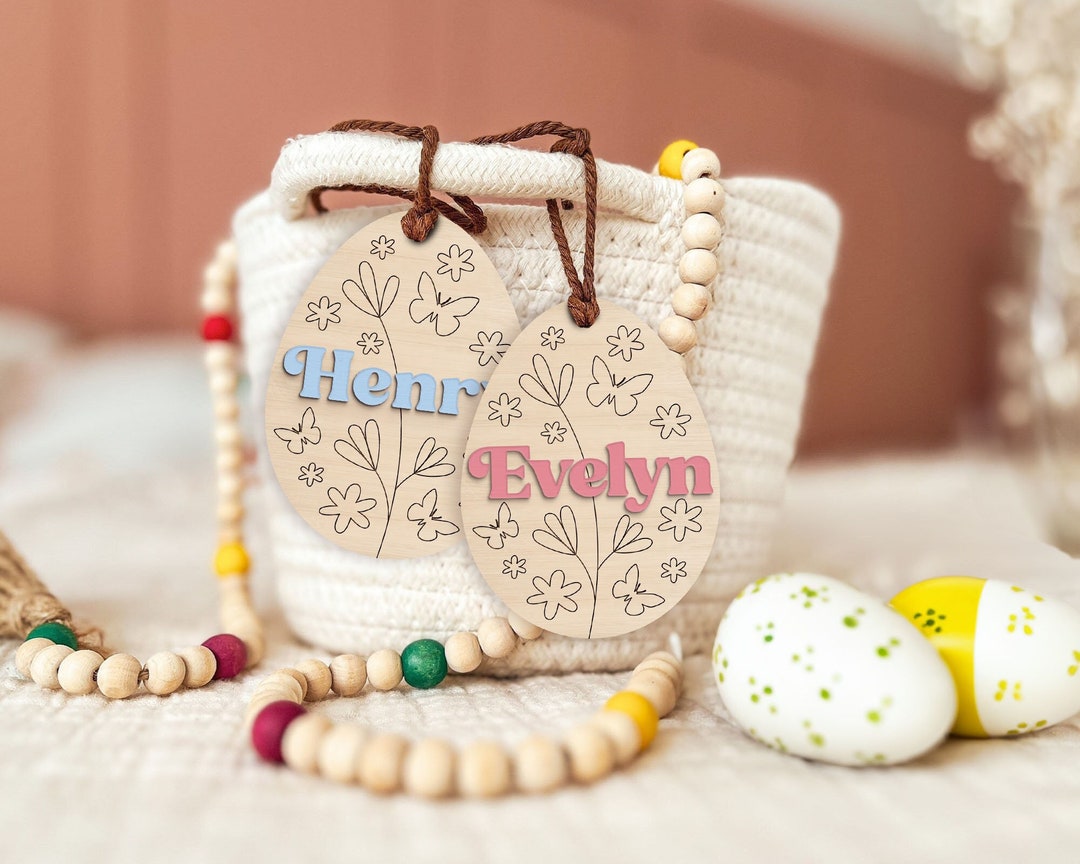 Easter Egg Floral Basket Name Tag, Custom Easter Name Tag, Easter ...