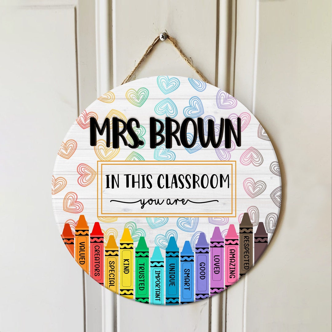 Personalized Teacher Door Sign, Teacher Crayons Sign, Classroom Welcome ...